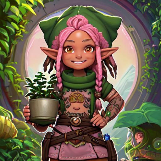 gnome female, deep tanned skin, brown eyes, dreadloc...