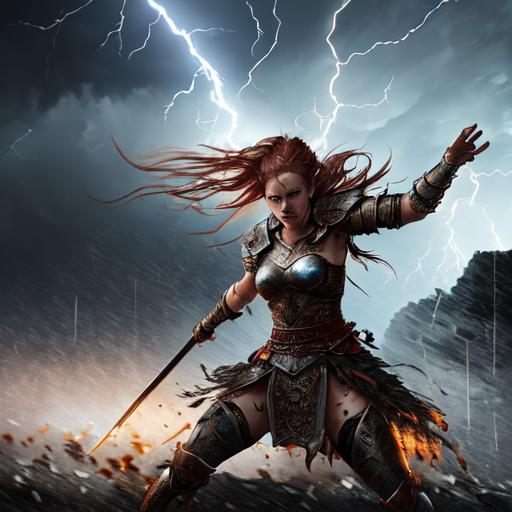 A warrior queen fighting on the battlefield, a thund...