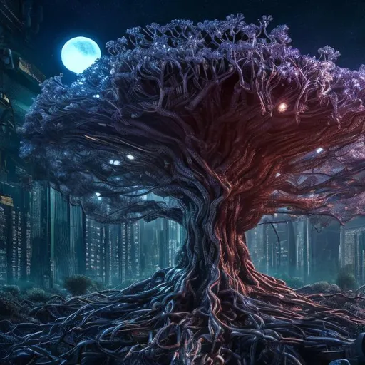 A large oak tree, made of shiny chrome metal, wires,...