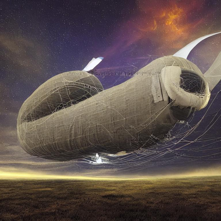 seen from the ground an airship flies overhead at ni... | OpenArt