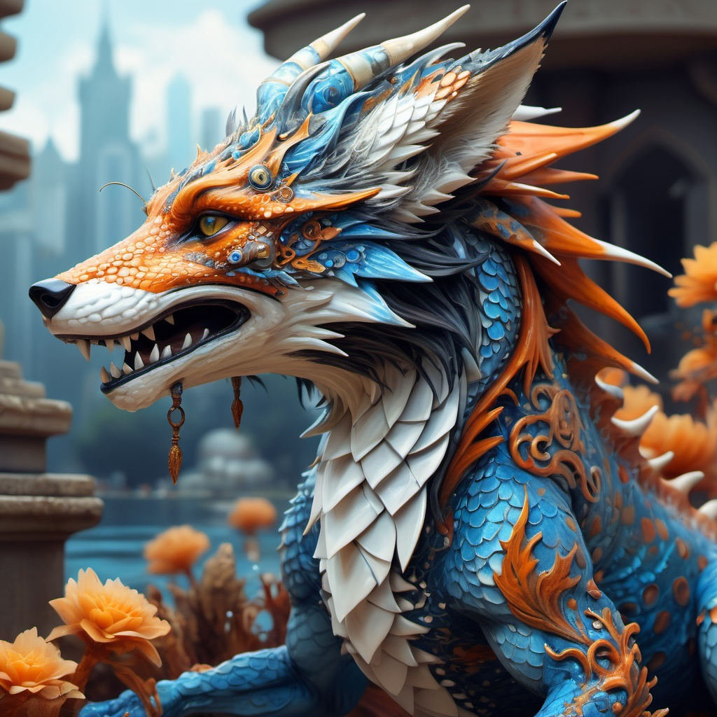 Fox koy dragon hybrid beast. Fantasy creature. Blue,...