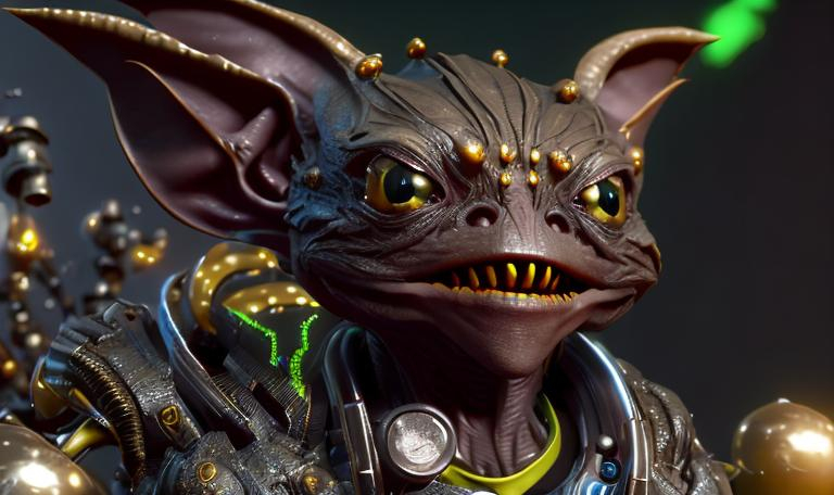 Sci-fi Space Gremlin with green eyes and sly smile,... | OpenArt