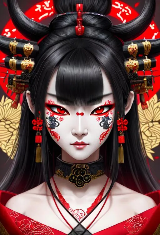 Gorgeous women as a transculent Japanese oni, detail...