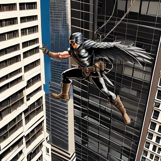 Man with a black hawk mask superhero rappelling down... | OpenArt
