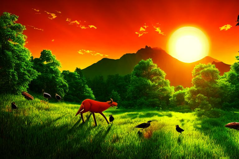 forest, sunrise, animals running around, birds flyin...