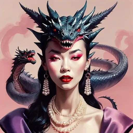 dragon lady wearing a pearl necklace, with teeth bar...