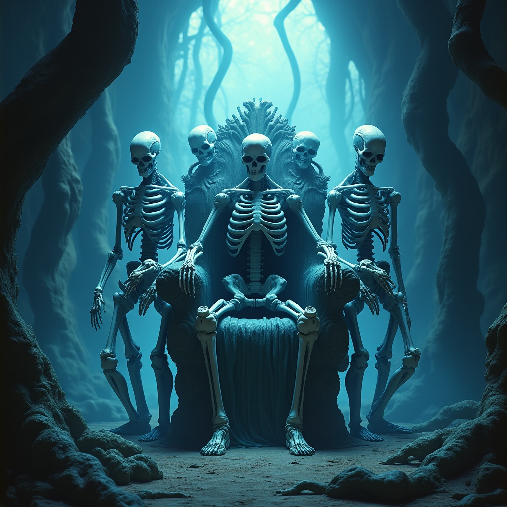 In a surreal and hauntingly intricate scene, a skele...