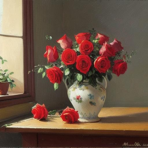 A still life of roses in the style of peder mork mon...
