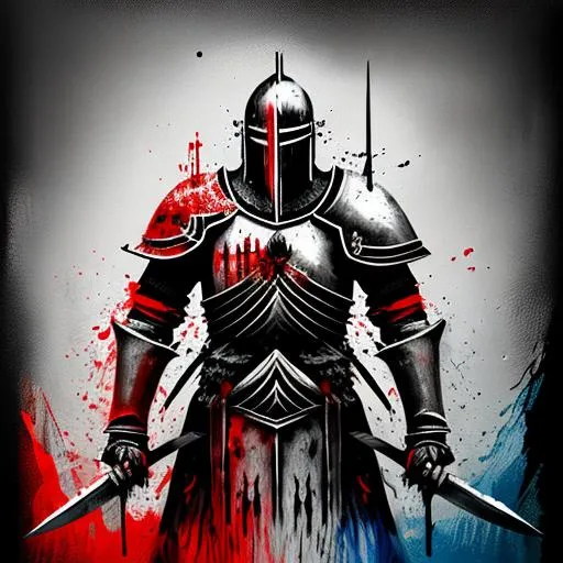 splash art painting of a Knight, blood stained sword... | OpenArt