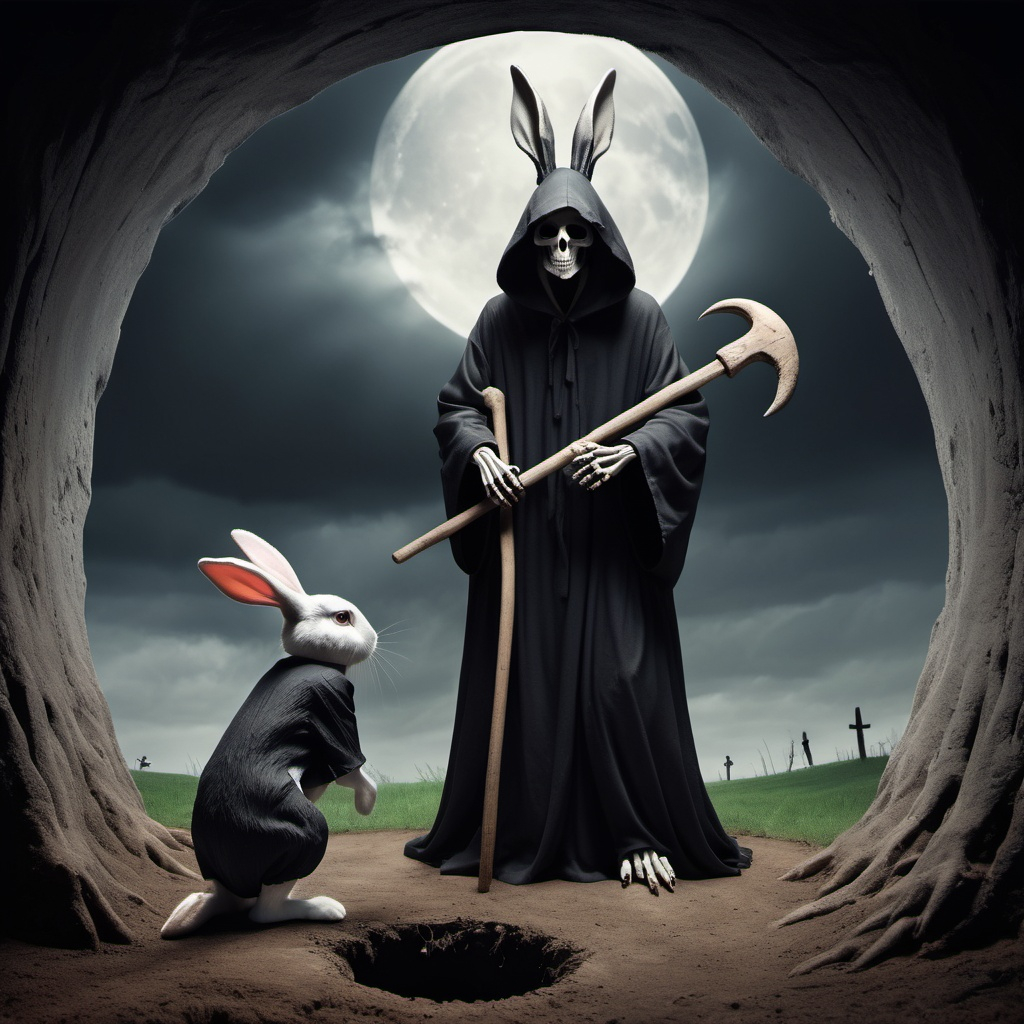 Rabbit and the grim reaper standing on the outside o...
