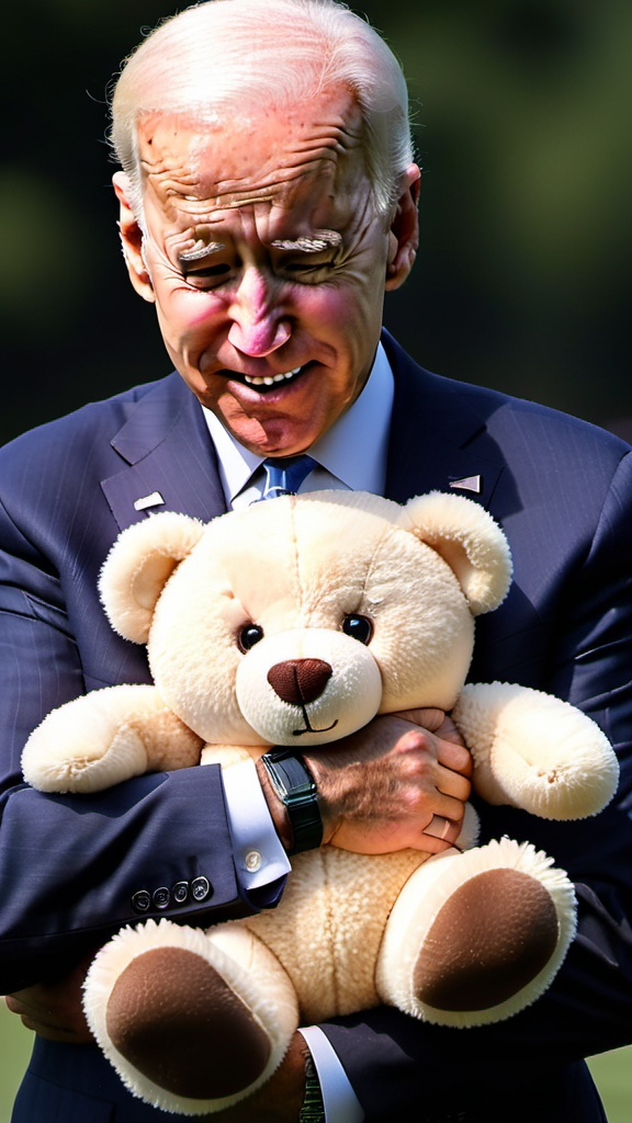 Crying Joe Biden holding teddy bear