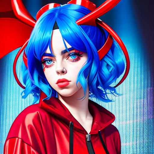 Billie Eilish wearing a red and blue spider woman co... | OpenArt