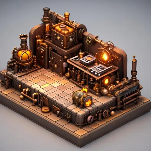 cute isometric steampunk forge and anvil in middle,...