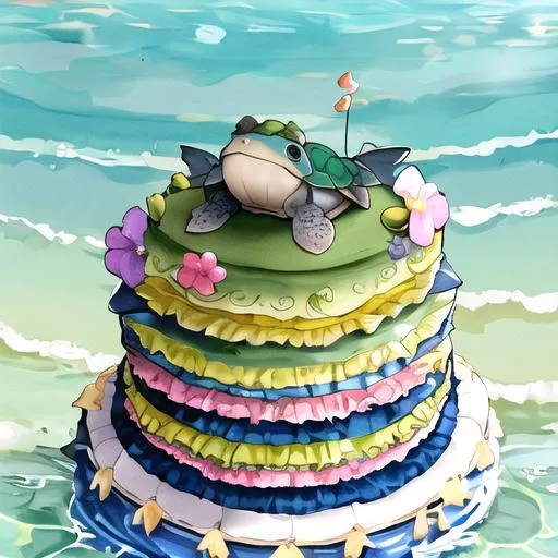 A cute sea turtle with a three tier layered cake as... | OpenArt