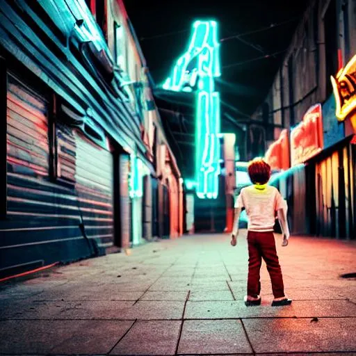 Boy alone in a city alley with electric neon signs i...