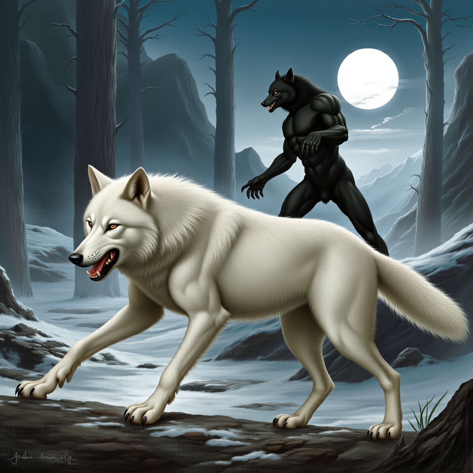 A white wolf is racing with a black human-transforme...
