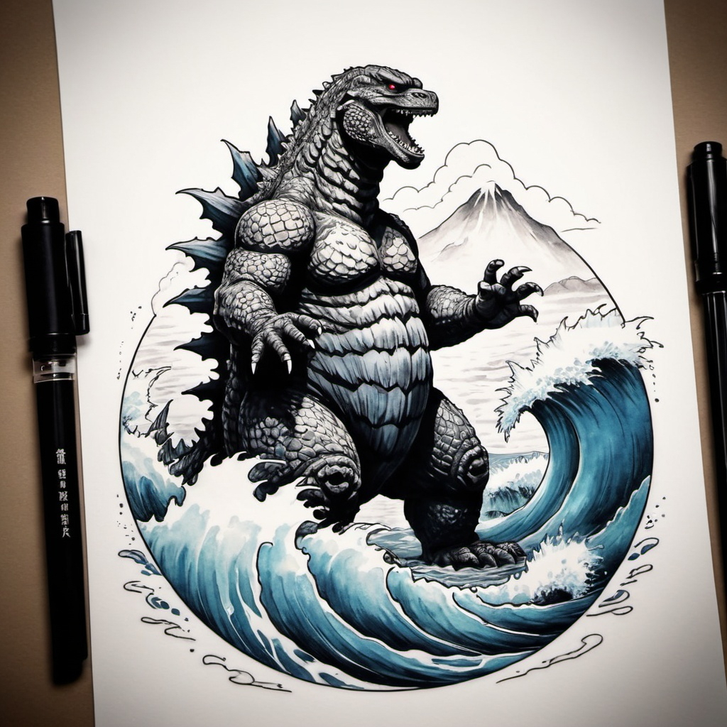 A japanese style inked tattoo design of godzilla in...