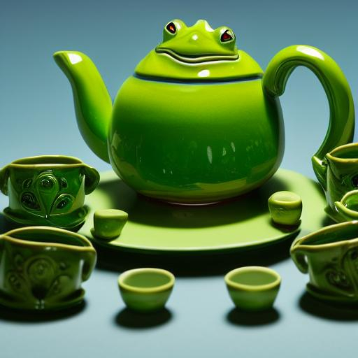 frog-teapot and three frog-cups, green teapot and cu...
