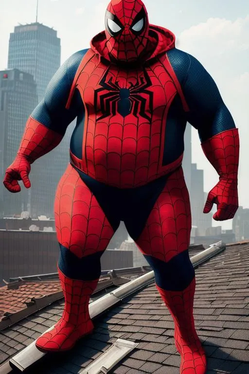 old drunk and fat Spider-man, walking on the roof, f...