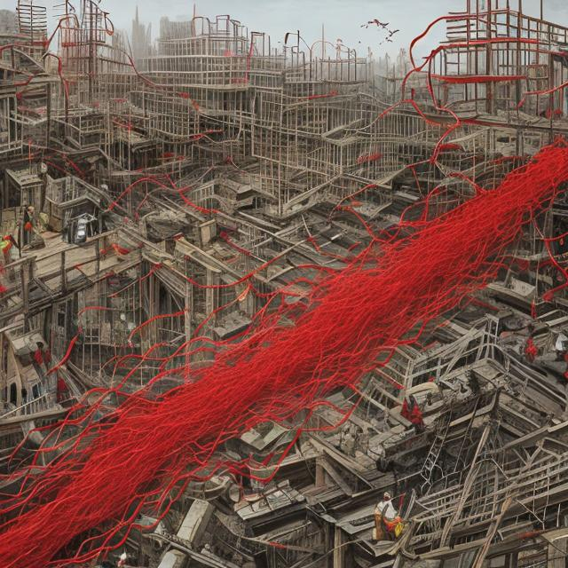 A painting of a chaotic construction site, through w...