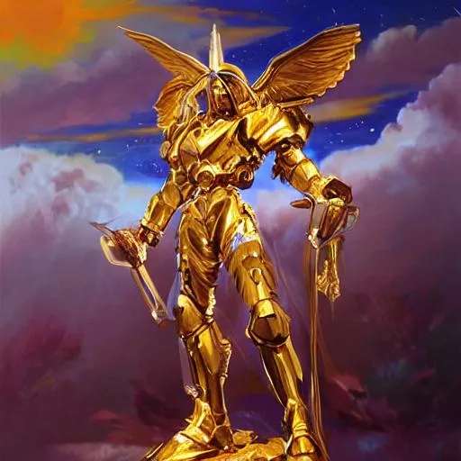 beautiful golden celestial knight shining hyper realism