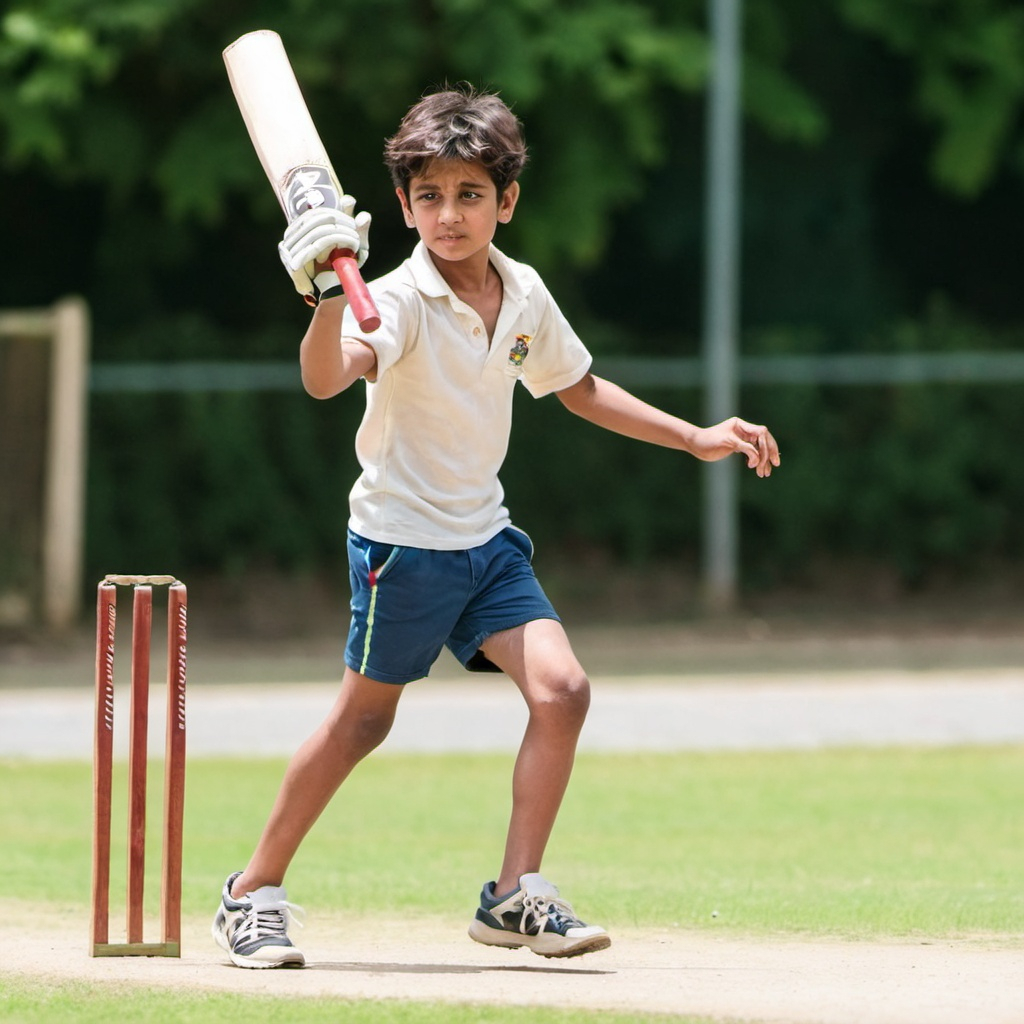 A boy playing cricket in shorts