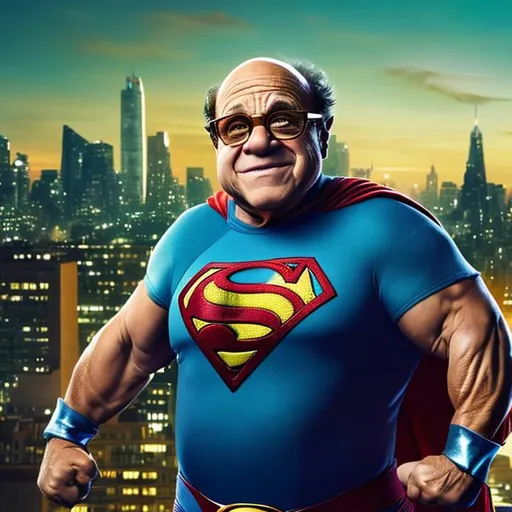 Danny DeVito as a superhero, posing on a rooftop. Mi... | OpenArt