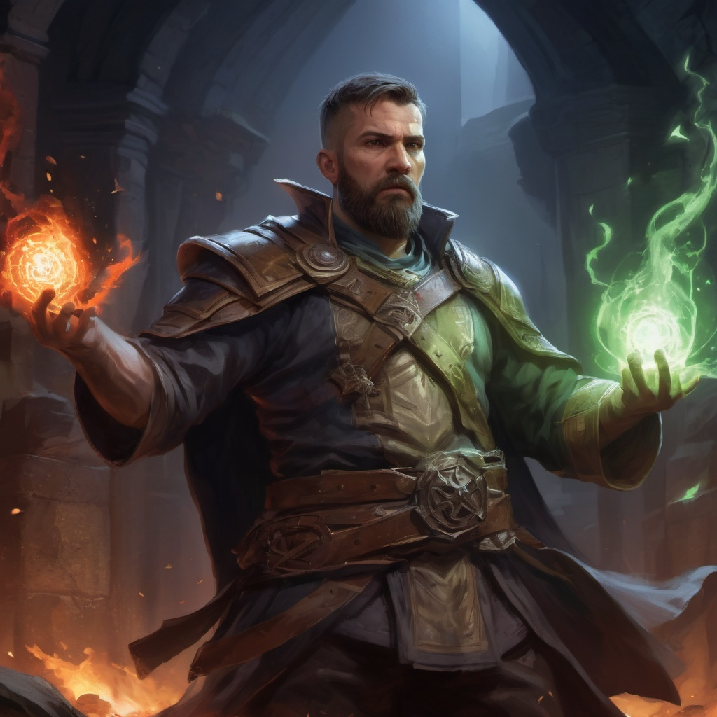 (torso) Male stocky large battle-mage with short-cut...
