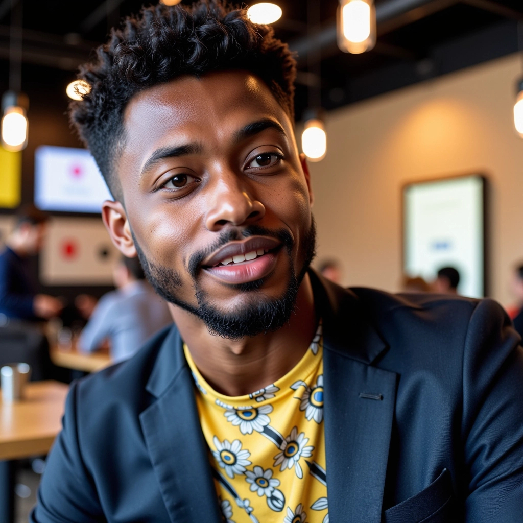 . He has a confident and engaging facial expression,...