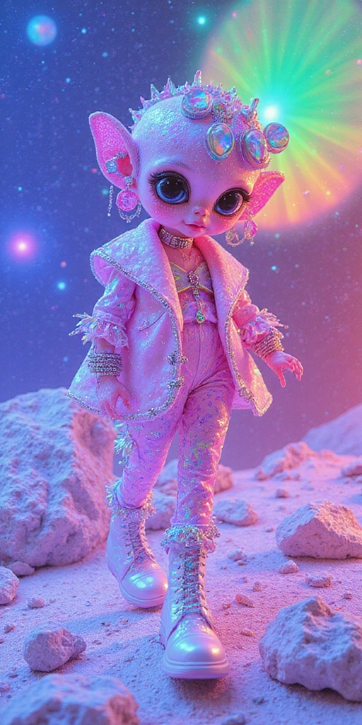 A dazzling, doll-like pink alien girl stands poised...