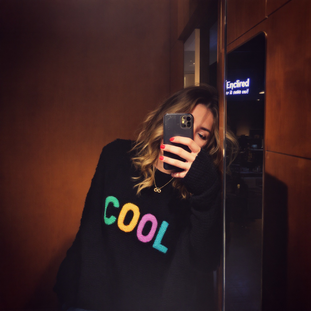 In a dimly lit space, a person captures a mirror sel...