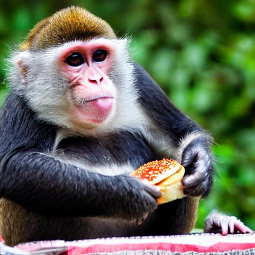 A fat monkey with a burger in its hand