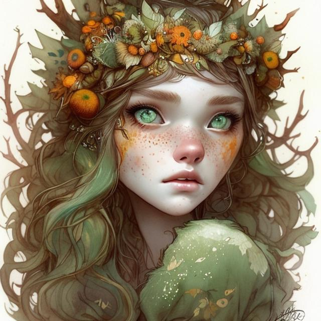 Cute forest spirit girl, freckles, blonde hair and g... | OpenArt