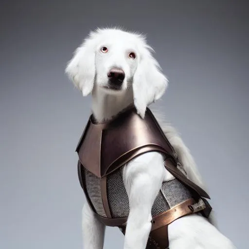 photo of white dog dressed in medieval knight armor,... | OpenArt