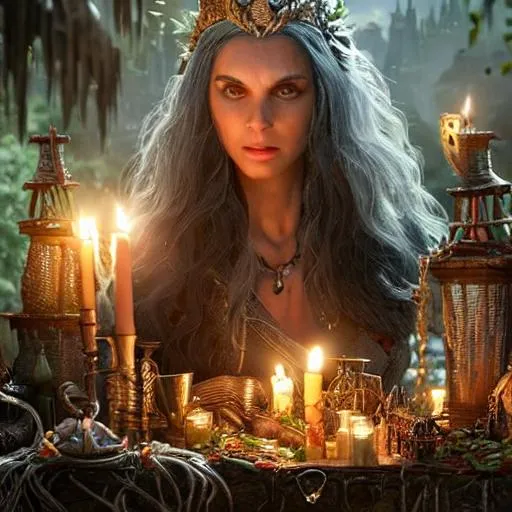 swamp witch, an old Elf hag, surrounded by many bott...