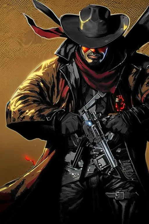 Cyber Cowboy with 4 Arms, fiery red Poncho, Dressed... | OpenArt