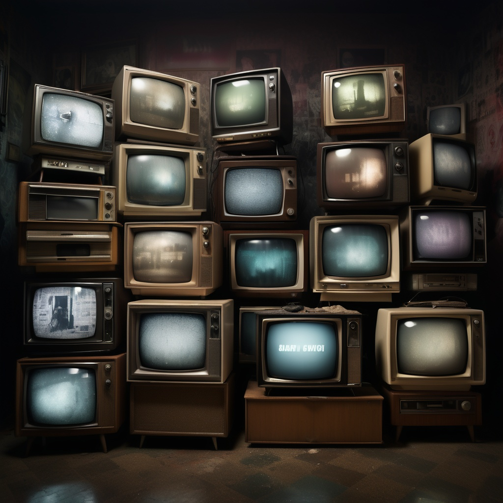Old TV sets stacked upon each other, static-filled s...