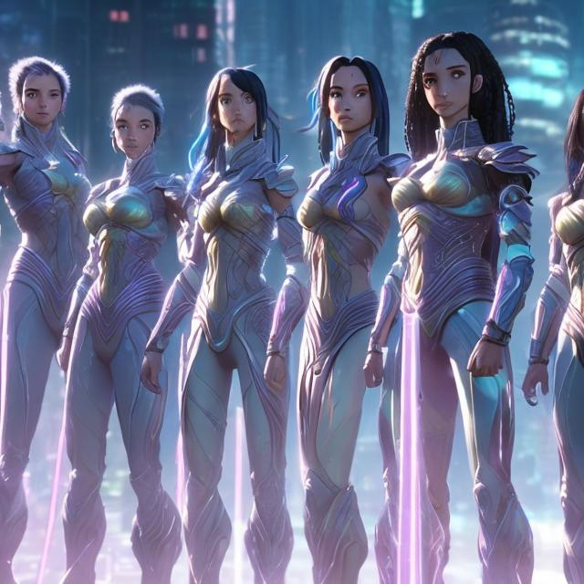 Five female avatar warriors with different coloured...