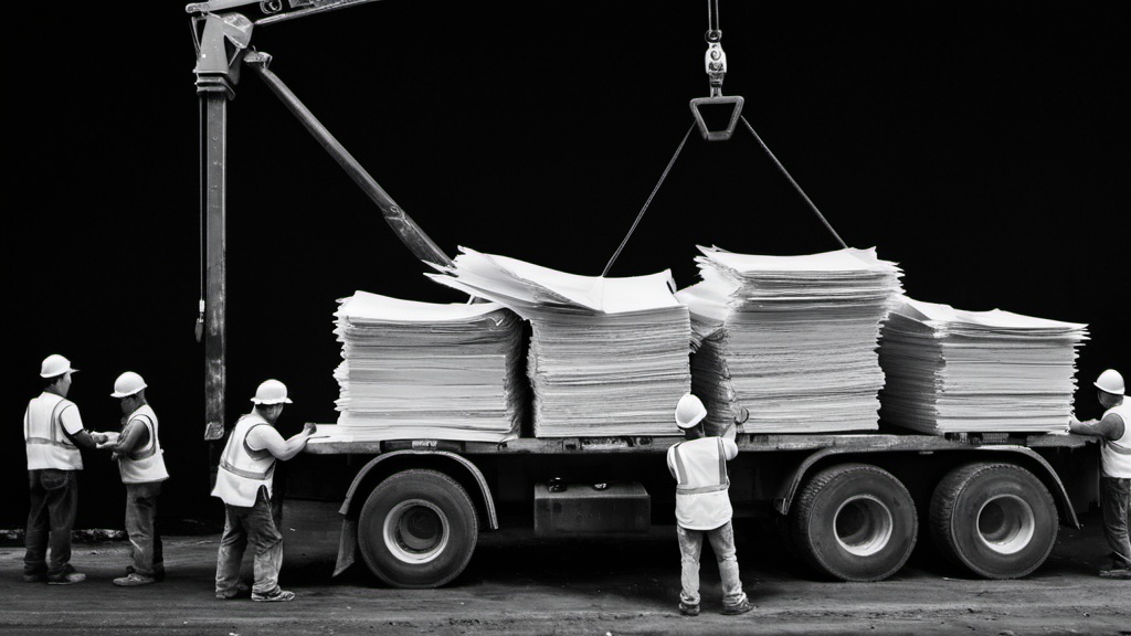 Construction crew building a large stack of papers,...