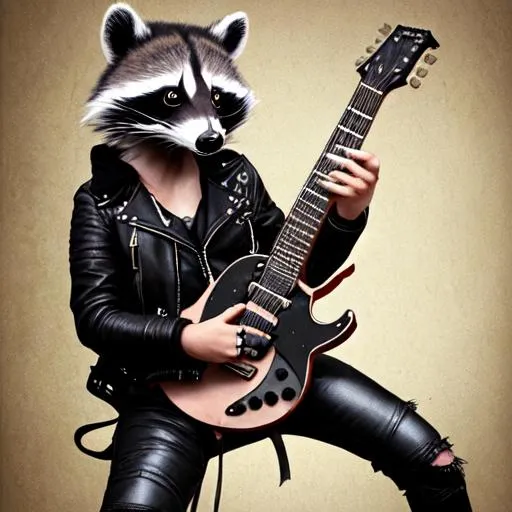a raccoon in a leather jacket playing a guitar, insp... | OpenArt
