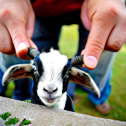 Hand holding the world's smallest, cutiest, baby goat.