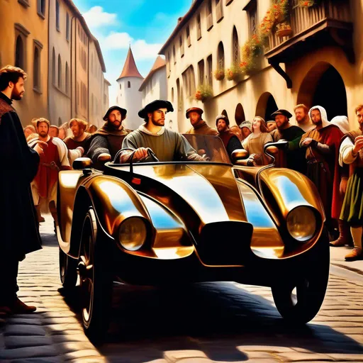 Handsome young and rich medieval man driving a luxur...