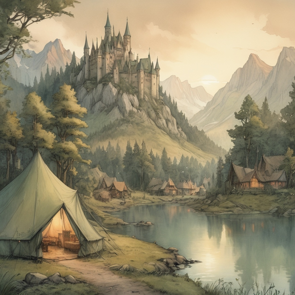 Anton Pieck style sketch of a medieval fantasy camps...