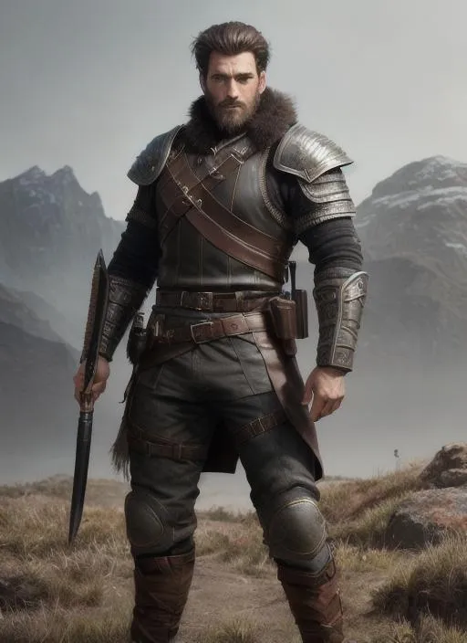 full body portrait of a male human ranger with brown...