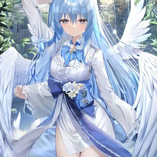 angelic girl blue seraphim wings long dress flying i...