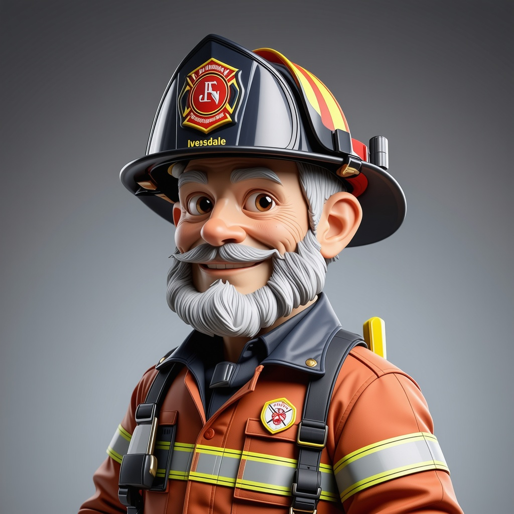 3d cartoon Old Firefighter, 3d, orange and blue unif...