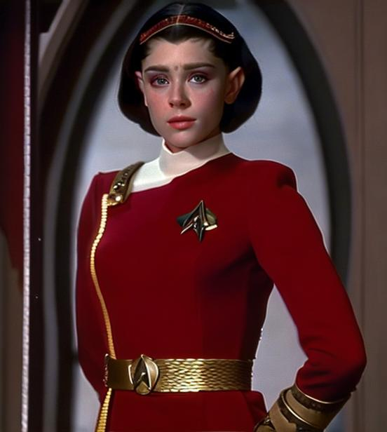 A young and beautiful Vulcan woman, with elf ears an...
