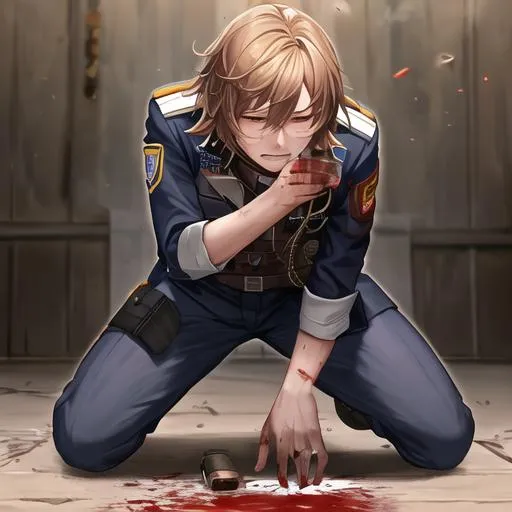 Caleb as a police officer, bullets flying, wounded,...