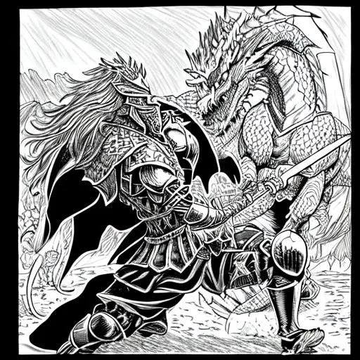 black and white coloring page of a knight fighting a... | OpenArt