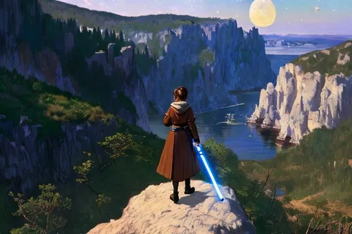female jedi in brown robes standing on a cliff with...